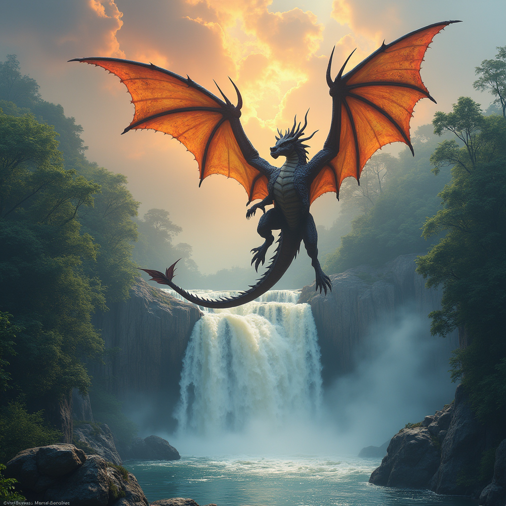 Imagine a majestic dragon flying over a beautiful wa...