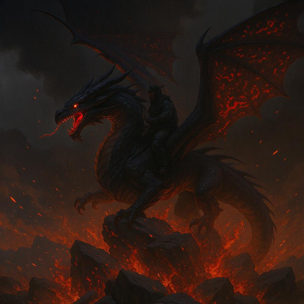 A person riding a black magma dragon on top of a fla...