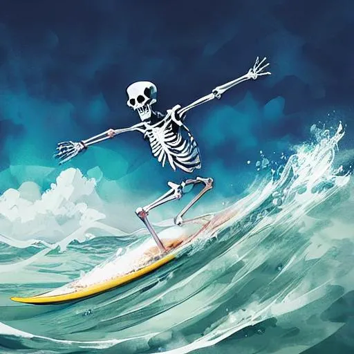 Skeleton surfing on top of a wave