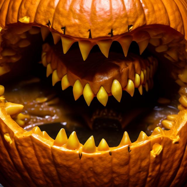 A pumpkin with large teeth and bright yellow eyes, o...