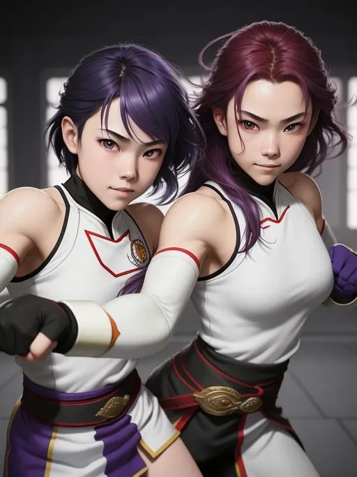 small flat nose, 16yo twins, intricate battle attire...