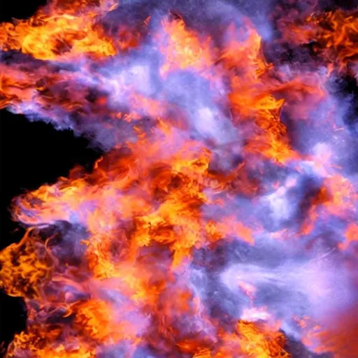 Sideview of a man made of fire walking on a black mi...