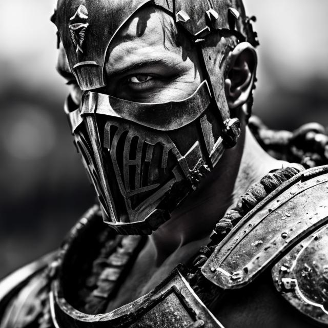 Gladiator with mask half lifted after war in black a...
