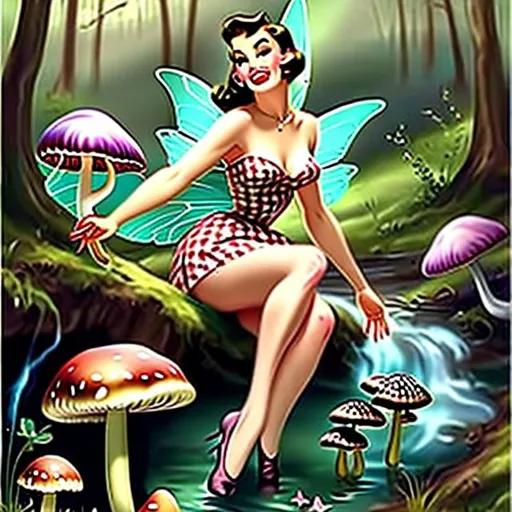 1950's pin up, fairy in the forest by a stream, pick...