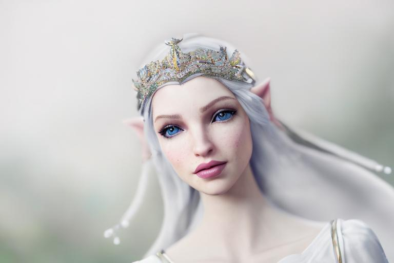 Female elf, character art, queen, in a magical bed,...