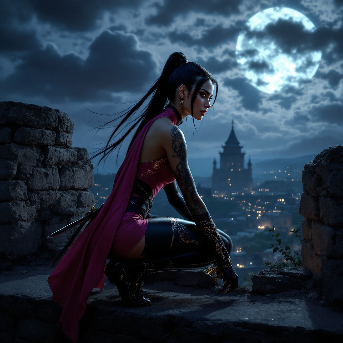A sleek and poised female ninja character, is depict...