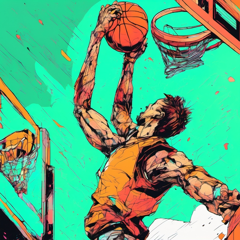 A hand dunking a basketball in the goal