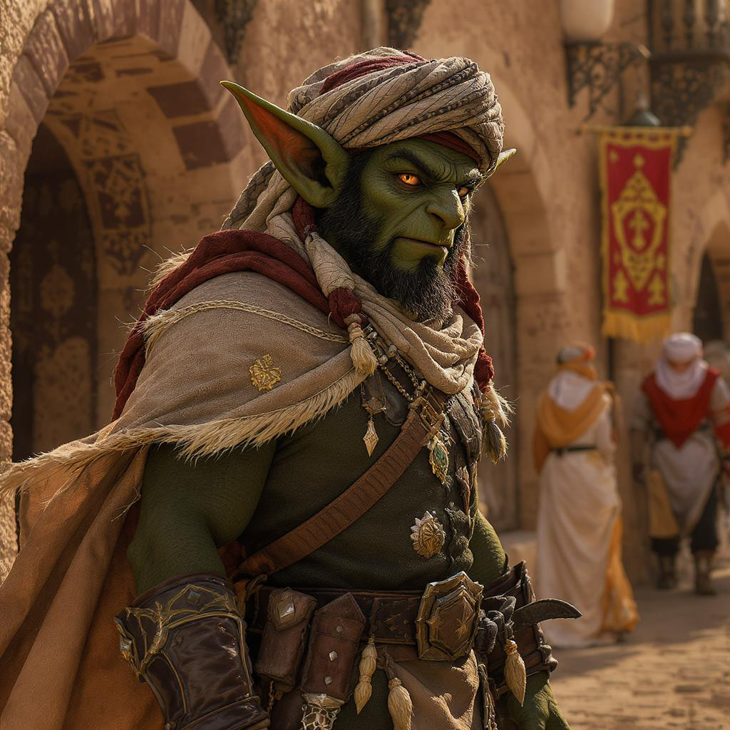 d&d5e rurbaned male goblin scout captain in dreamlik...