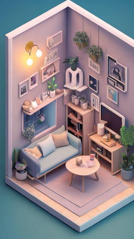 Tiny cute isometric living room in a cutaway box, bo...