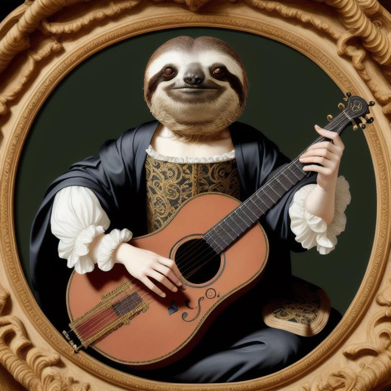 A make sloth dressed in baroque clothing with detail...