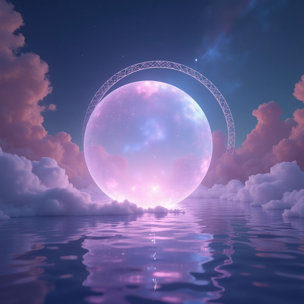 A dreamy and ethereal landscape featuring a glowing,...