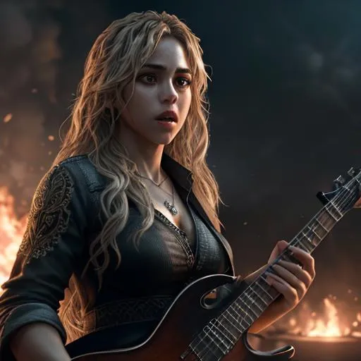 action shot of shakira in foreground facing camera,...