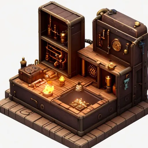 cute isometric steampunk forge and anvil in middle,...