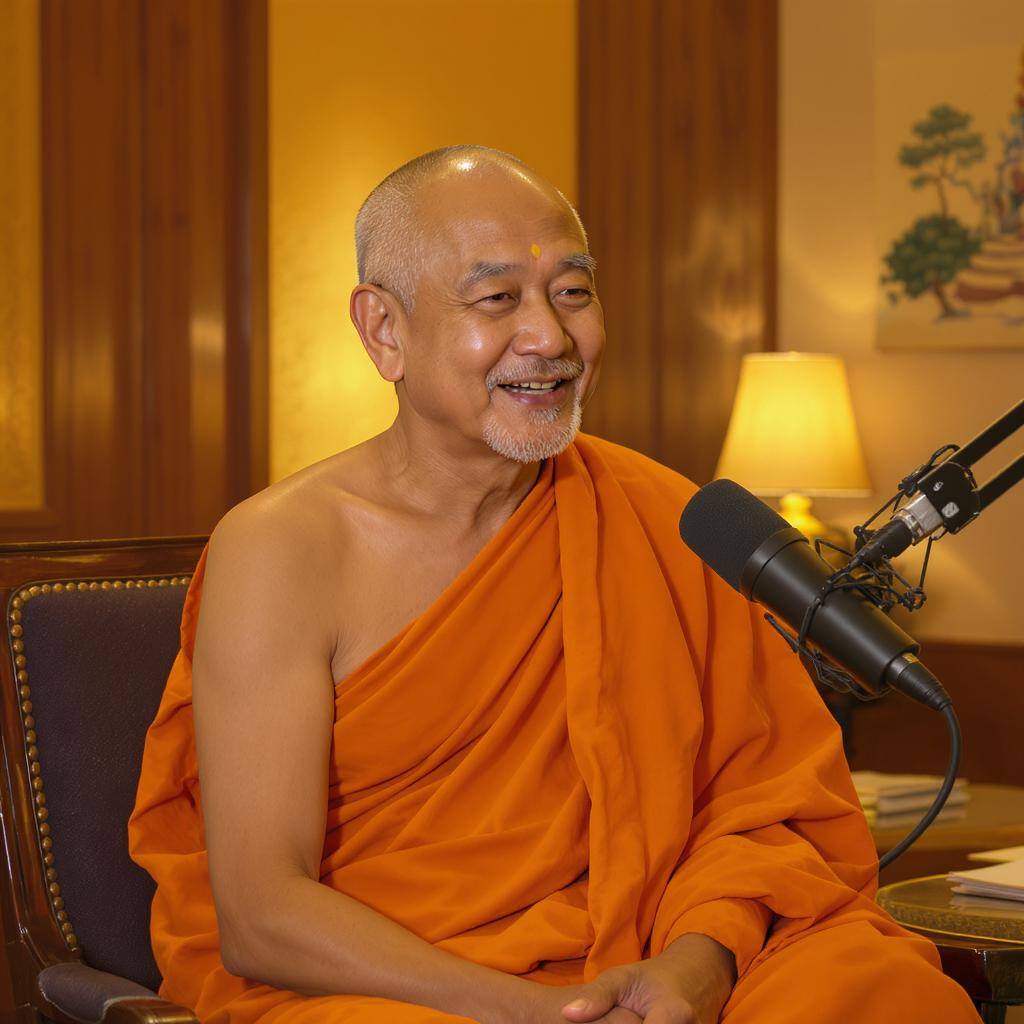 A serene 70-year-old Thai monk, wearing a bright ora...
