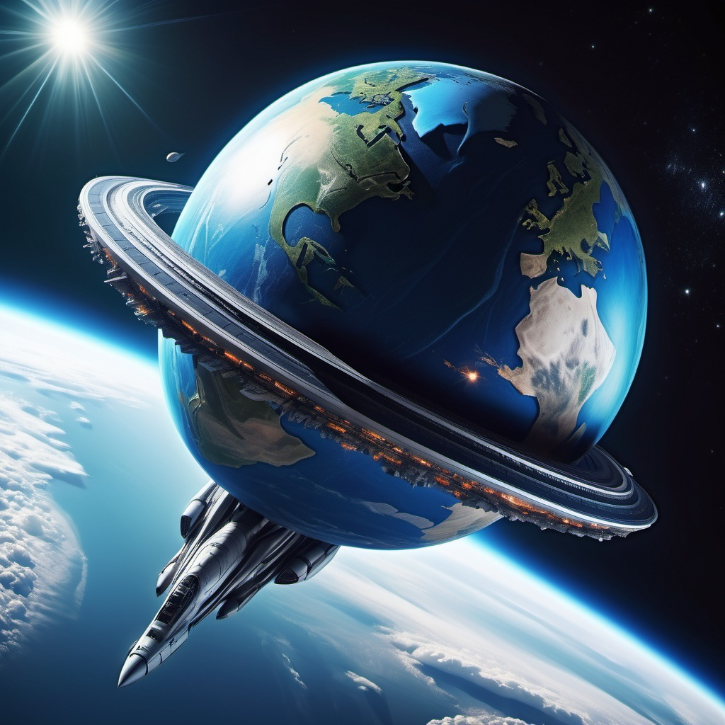 giant spaceship Planet Earth flying to Pollux b to s...