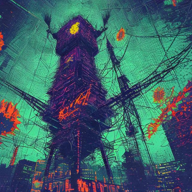 A gigantic haunted radio tower with eyes on top and... | OpenArt
