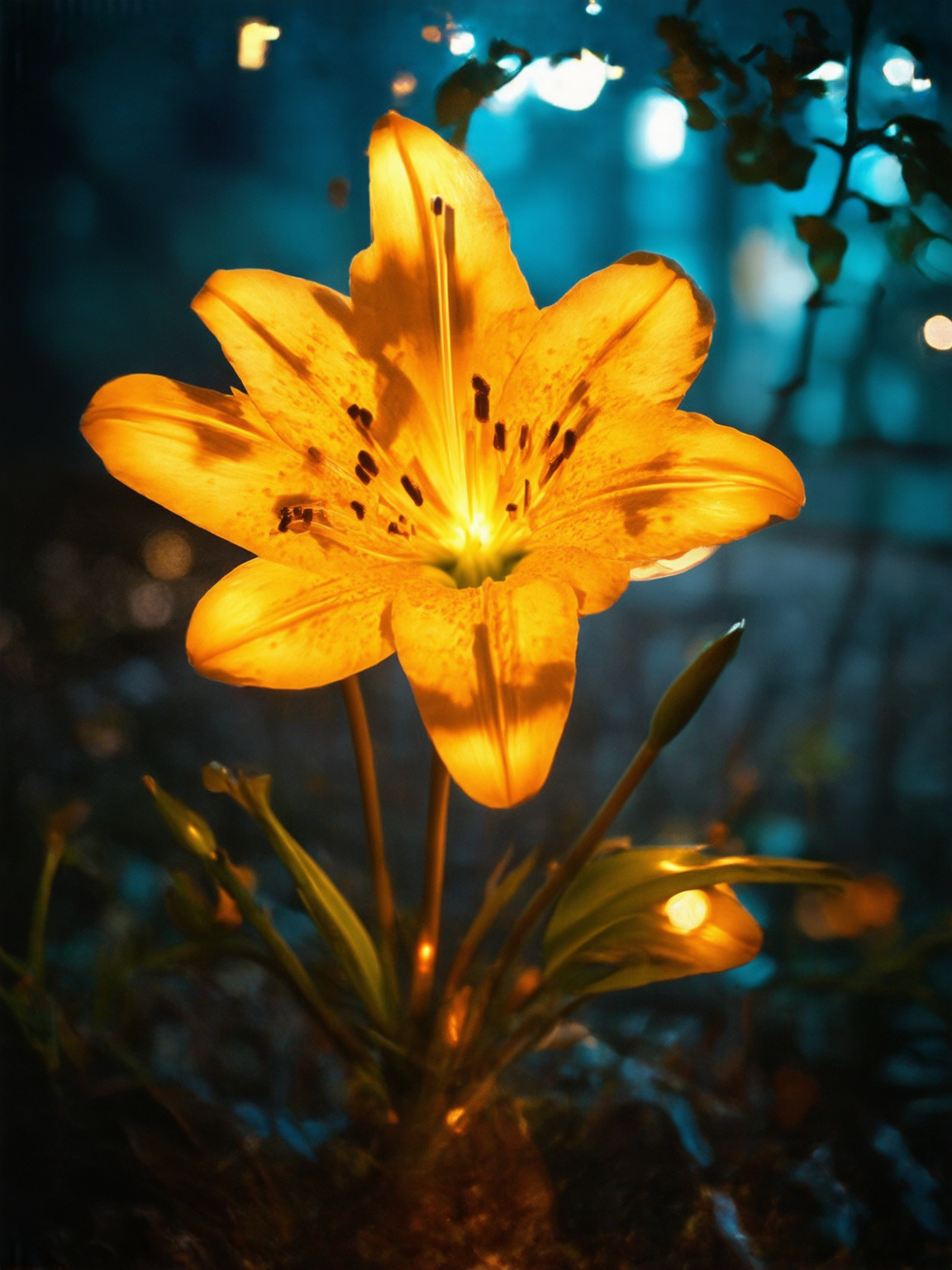 lily from tangled glowing bright gold in cold dim li...