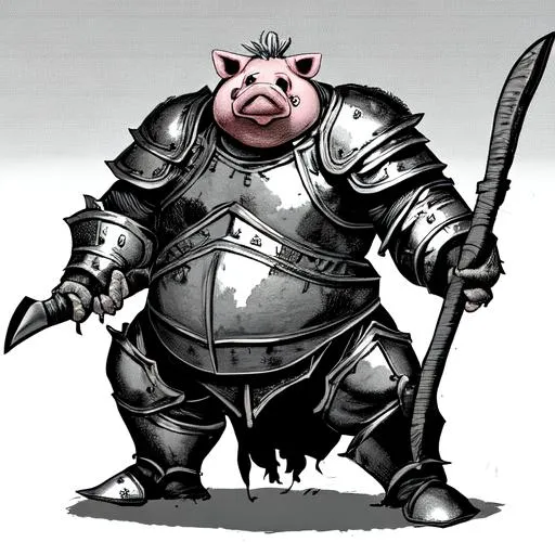 huge pig man in heavy metal plate armor with two-han... | OpenArt