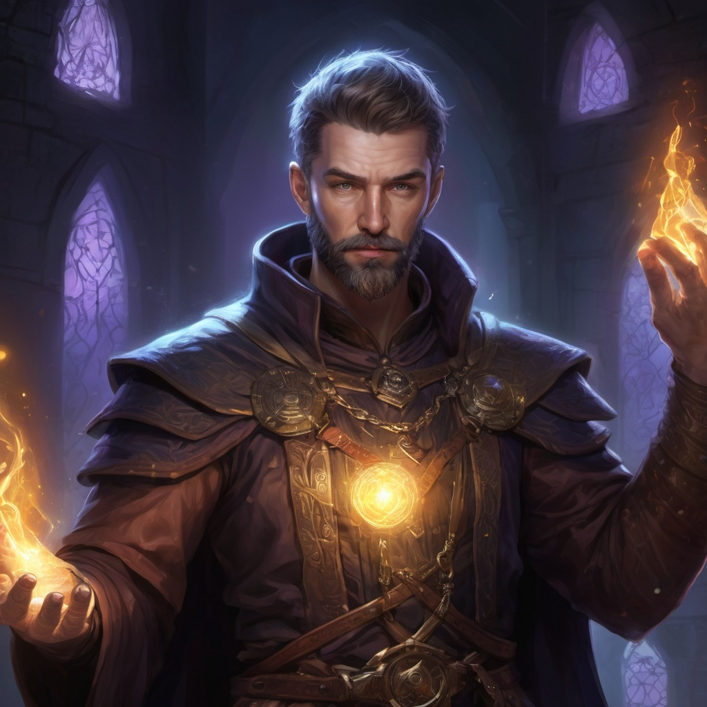 Male stocky large mature arcane-mage with short-cut...