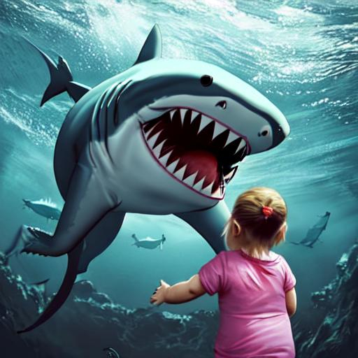 Huge daddy shark Monster protecting toddler girl fro... | OpenArt