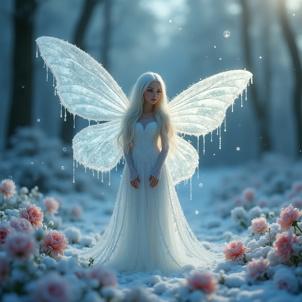 (melting ice fairy), delicate wings dripping with gl...