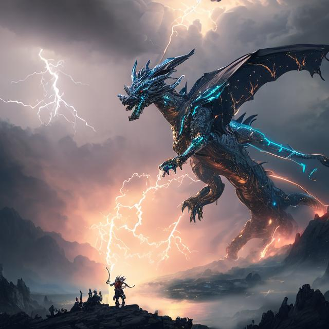 A robot with a sword fighting a lightning dragon on...