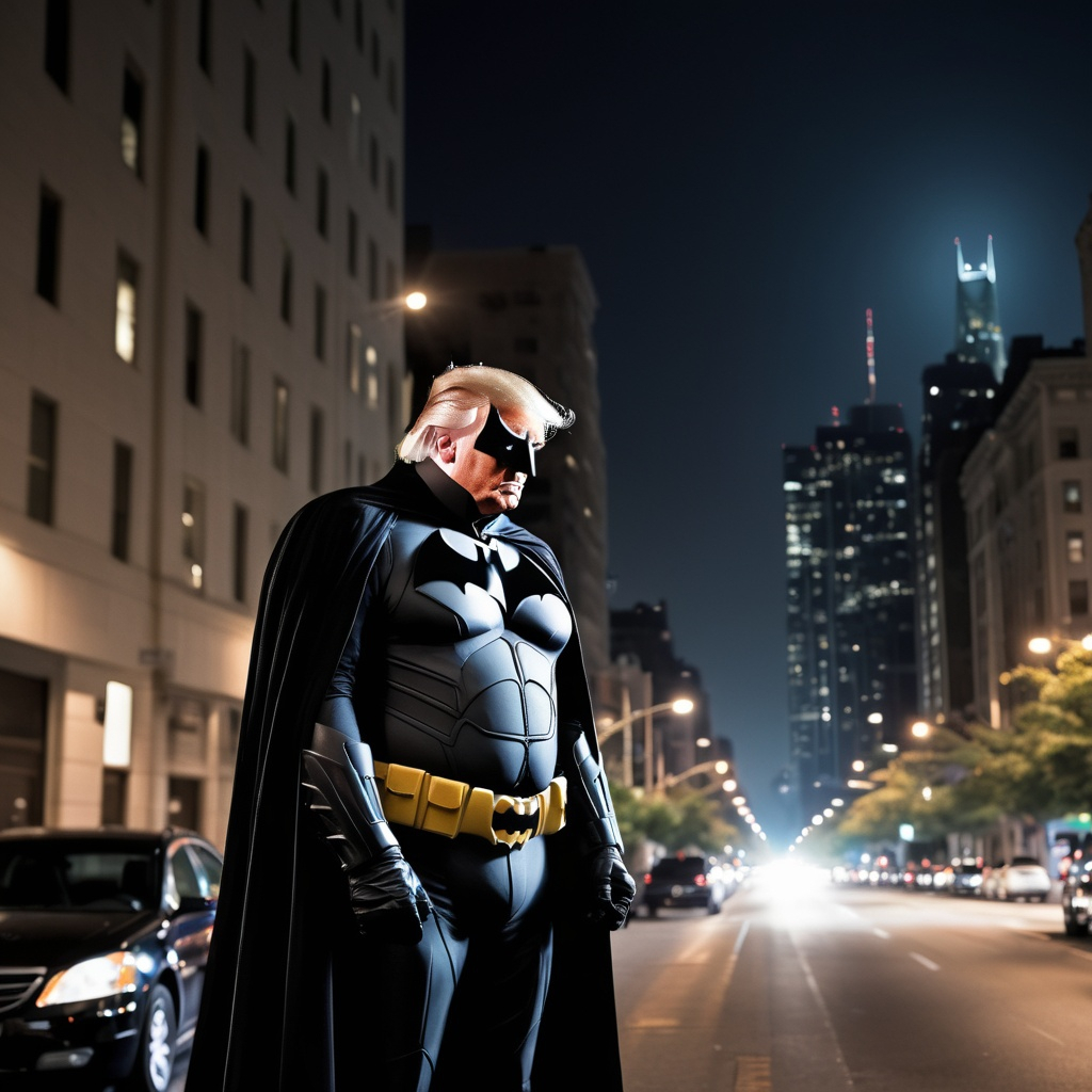 donald trump as batman watching over a street at night