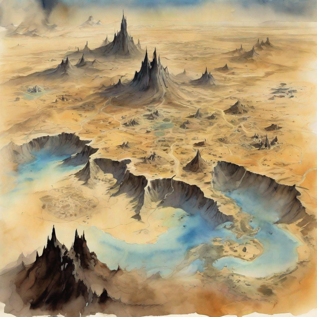 aerial map of the eldritch desert kingdom, vast land...