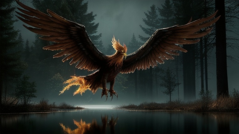 realistic phoenix, cinematic style, rising above a d...