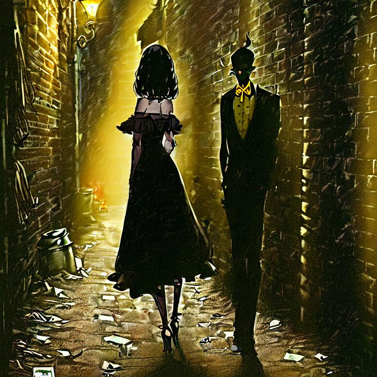 We see a dark and shadowy alleyway, with tall brick... | OpenArt