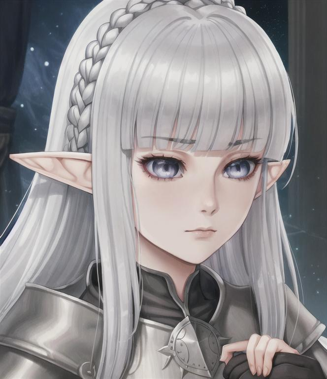 Female with silver hair, portrait, elf, grey eyes, 4... | OpenArt
