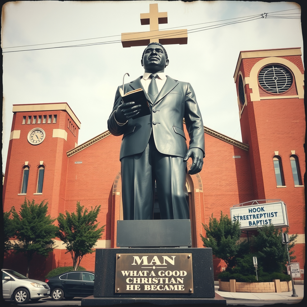 An aged photograph of a large statue of a black man...
