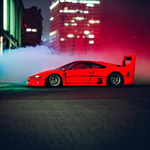Red Ferrari F40 prowling the streets at night with a...