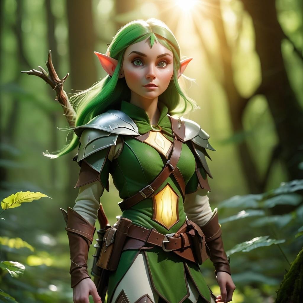 Elf ranger in a mystical forest around sunlight