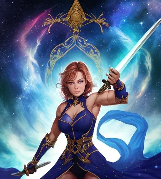 Strong woman,Holding a sword,into cosmic space,magic... | OpenArt