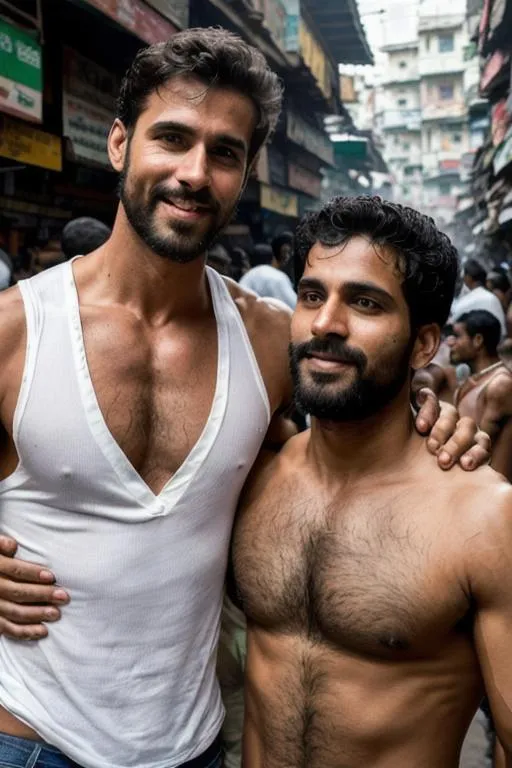 Handsome rugged hypermasculine man in white vest hug...