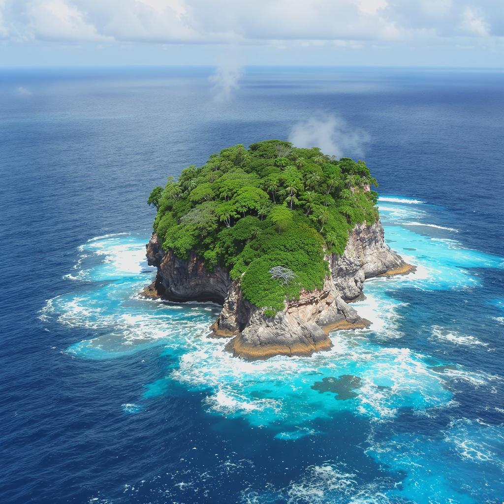 Desert island with tropical forest surrounded by rou...