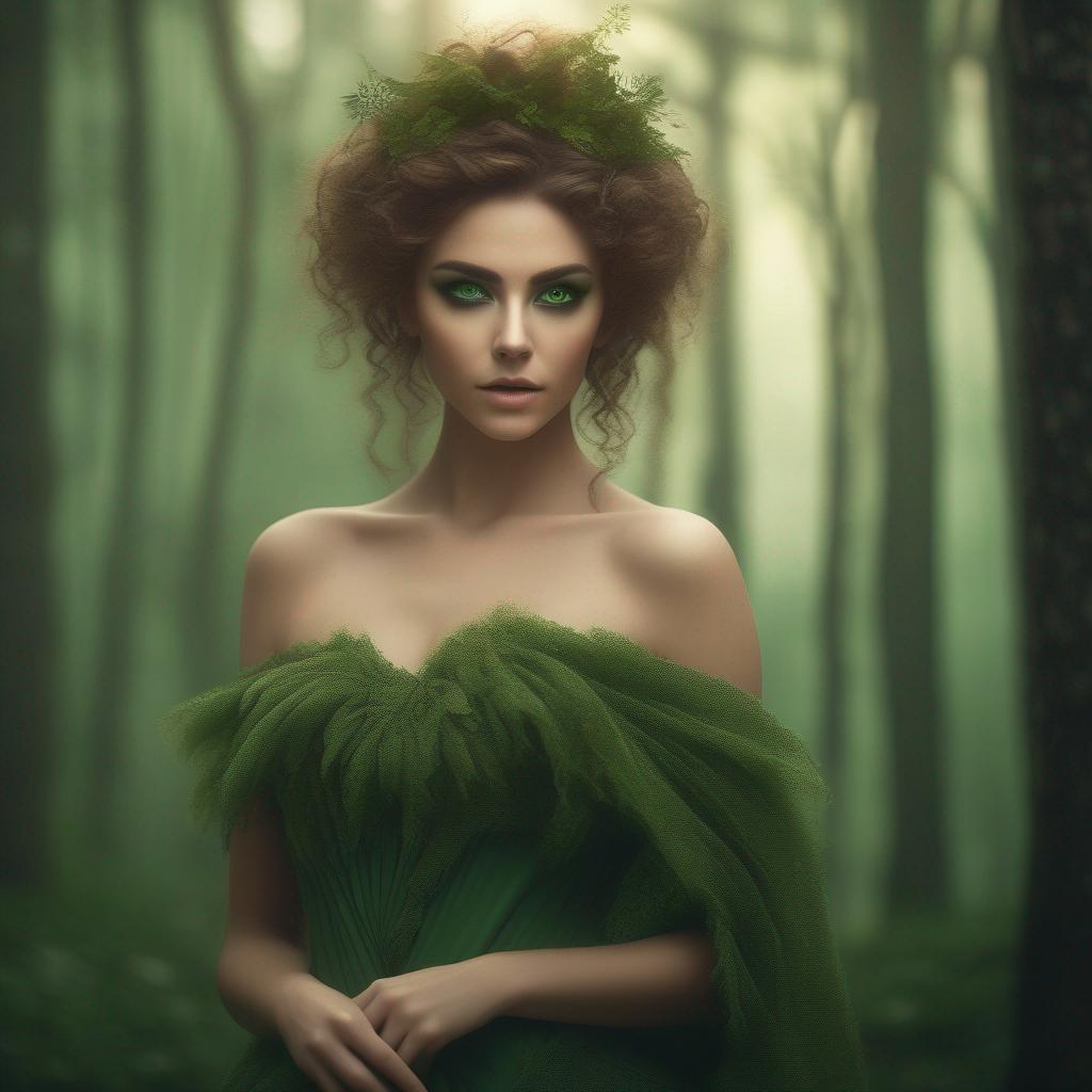 Beautiful dryad woman, brown curly hair updo, green...
