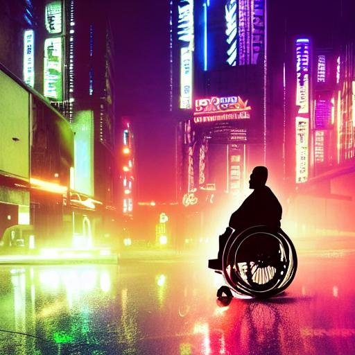 Wheelchair, alone, neon lights, cyberpunk, blade run... | OpenArt