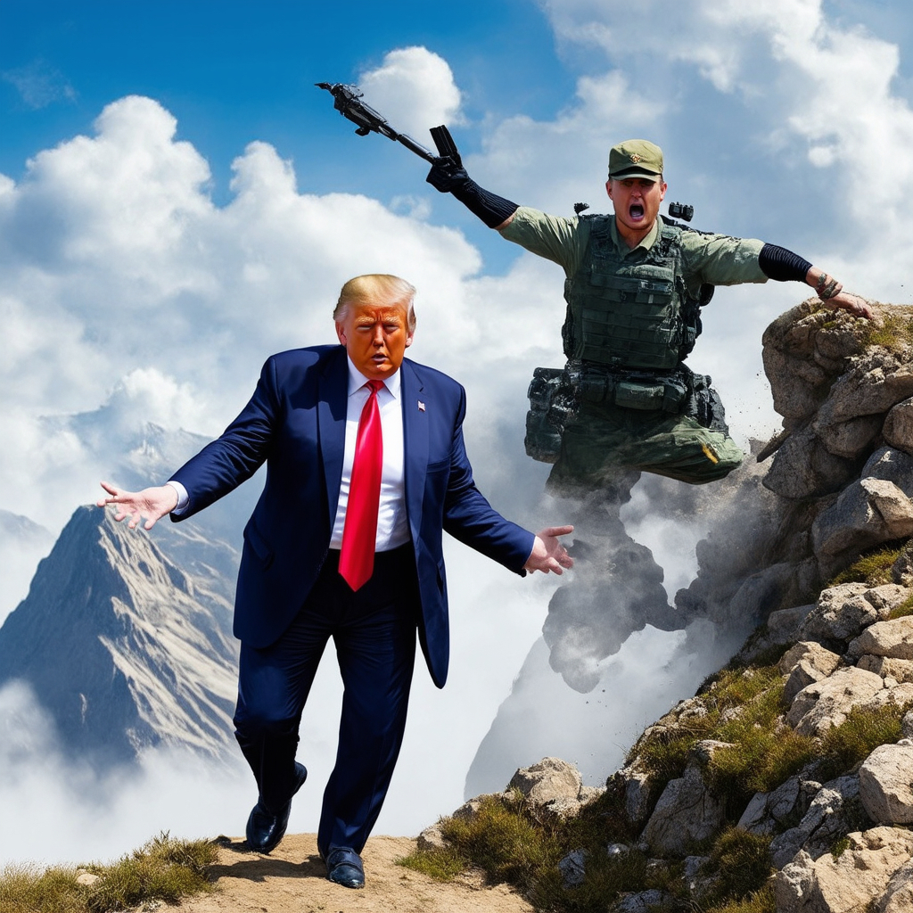 donald trump pushing nato down from a mountain
