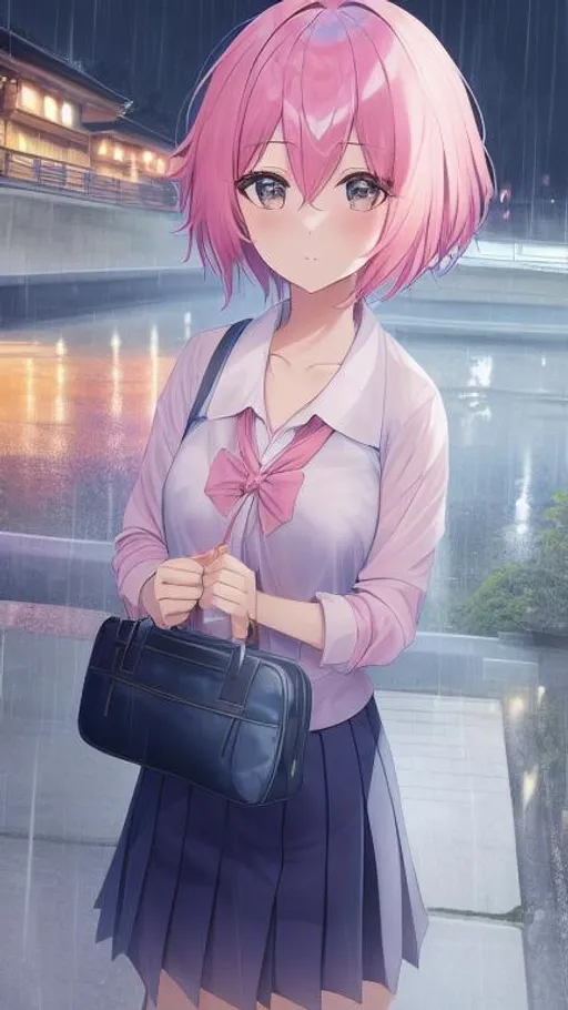 Girl with pink hair , night, anime, city, train, lan... | OpenArt