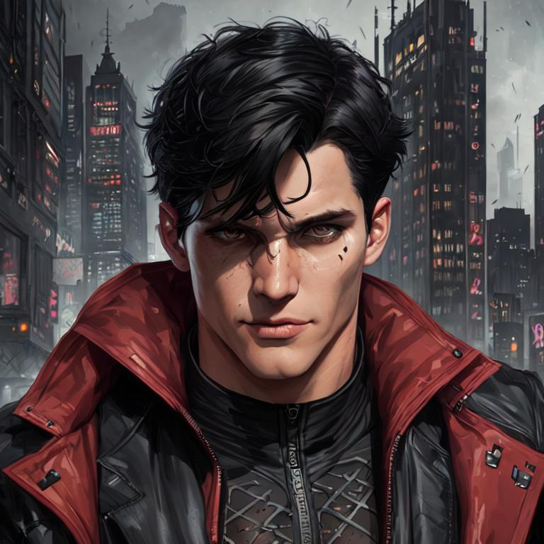 Portrait of {Jason Todd} with {Black} hair and with...