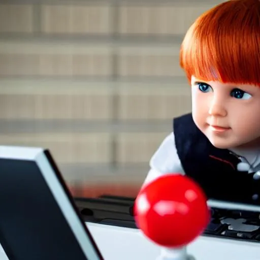 Evil male red head doll playing computer games