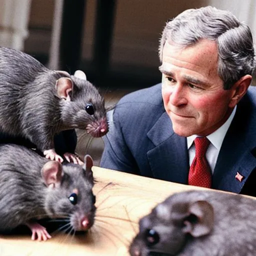 George bush looking at a table with a pile of Rats o...