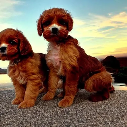 pretty cute cavapoo puppies with a sunset | OpenArt