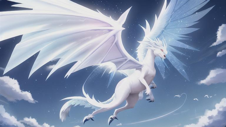 Ice dragon flying through clear sky, no clouds, smal...