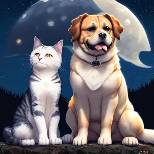 A dog and cat snuggle together under the full moon i...