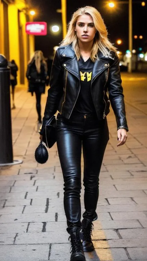 A photorealistic tough looking young woman at night...