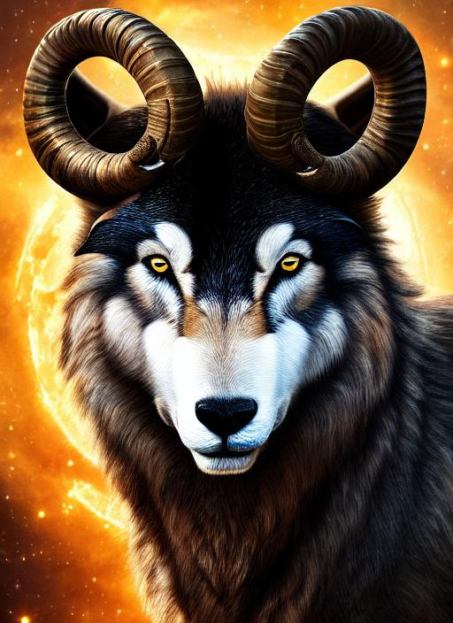 Portrait of a ram mixed with a wolf, with black hair... | OpenArt