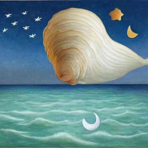 Giant conch shell floating above a stormy ocean, wit... | OpenArt